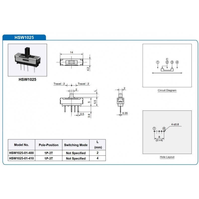 Hosiden 1P3T Miniature Slide Switch 3-position HSW1025-01-410