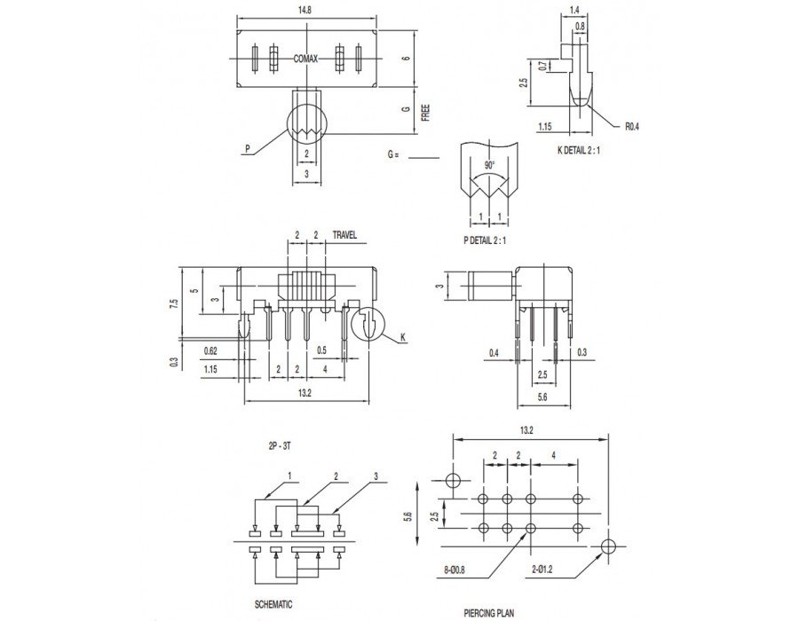 Comax SK-23D01-EG7 2P3T Slide Switch side knob