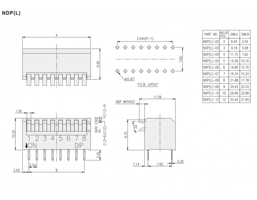 Diptronics 2-way Piano Type DIP Switch